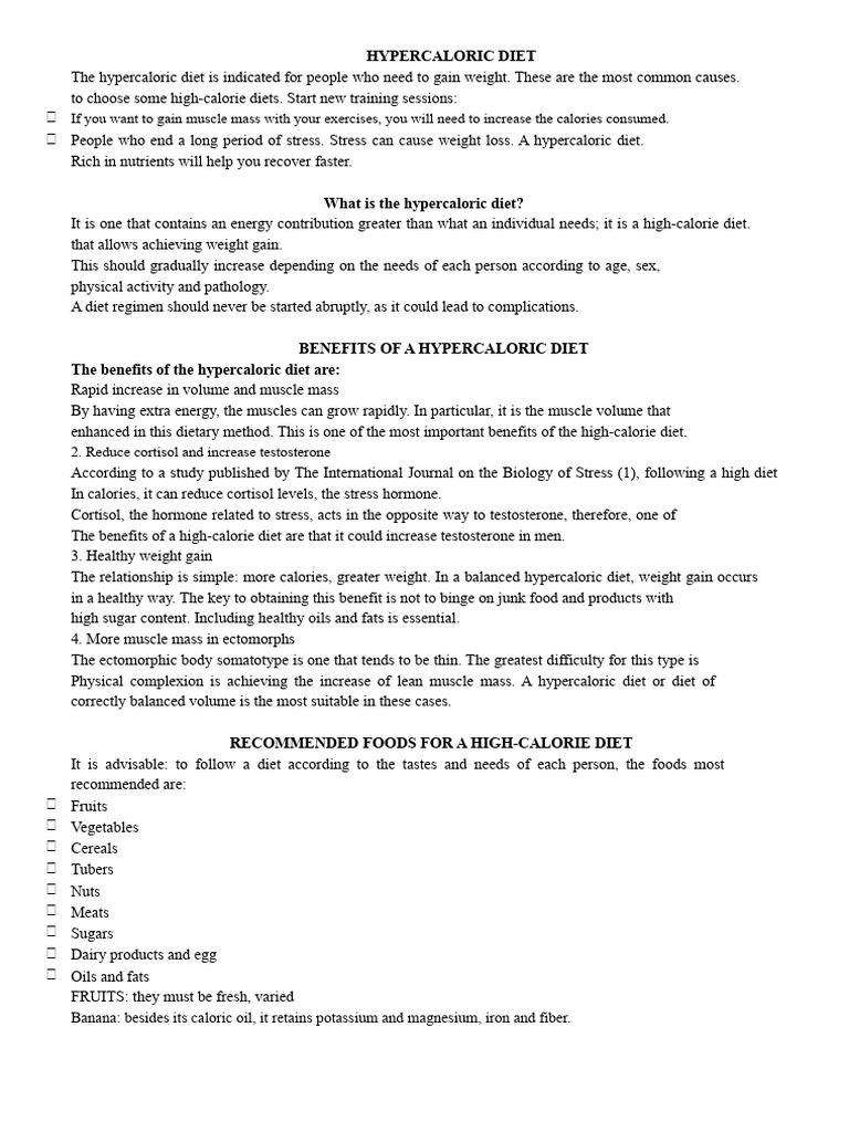 HYPERCALORIC DIET | PDF | Dieting | Foods