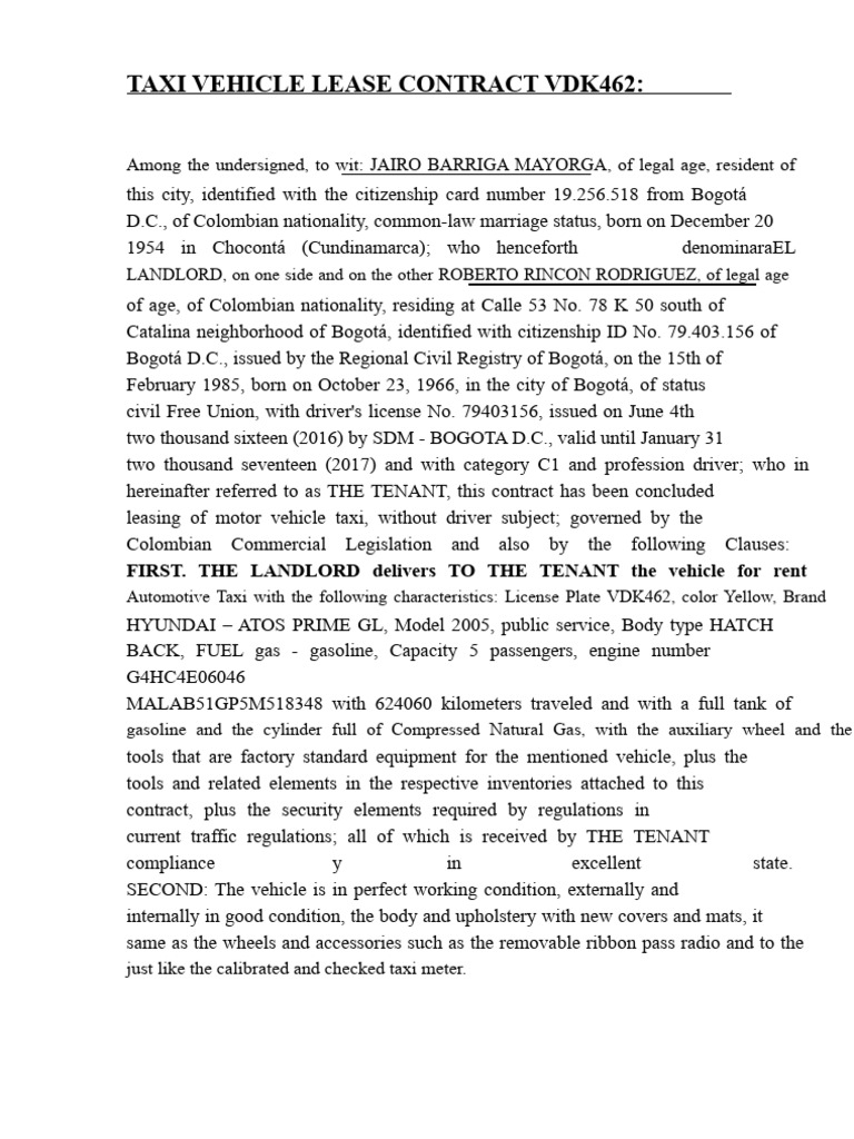 Taxi Vehicle Lease Contract VDK462 | PDF | Lease | Landlord