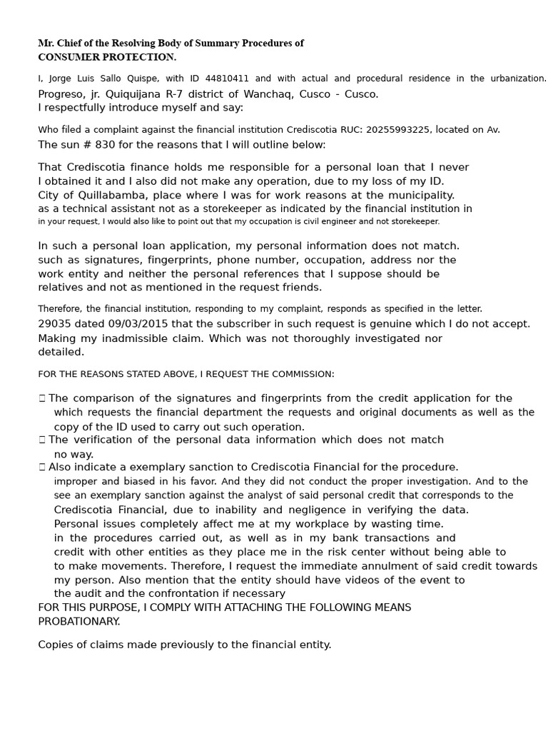 Mr. Head of The Resolutive Body of Summary Procedures For Consumer ...