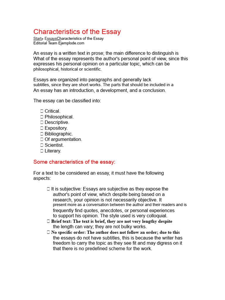 Characteristics of An Essay | PDF | Essays