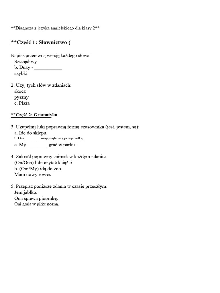 Diagnostyczny Test Z Języka Angielskiego Dla Klasy 2 | PDF