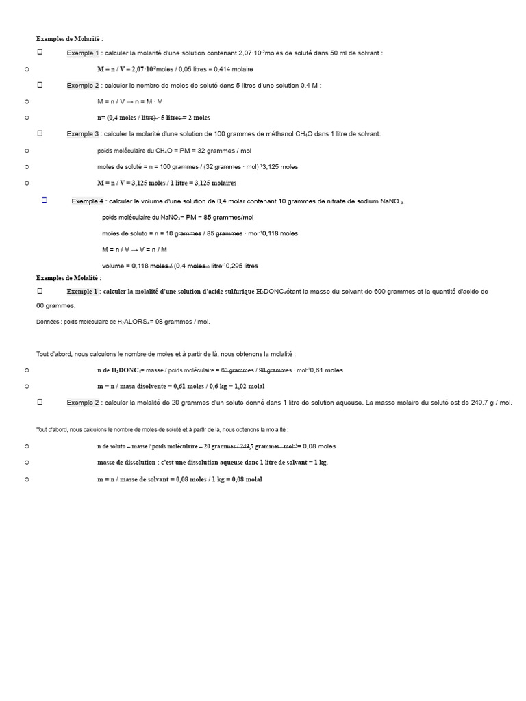 Exemples de calculs de molarité et molalité | PDF | Concentration ...