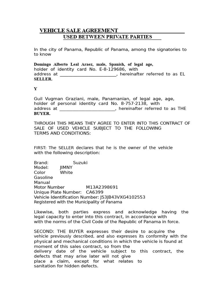 Used Vehicle Sale Contract Between Individuals | PDF | Sales | Taxes