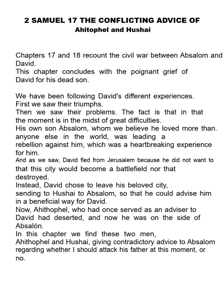 2 Samuel 17 The Conflicting Advice of Ahithophel and Hushai | PDF