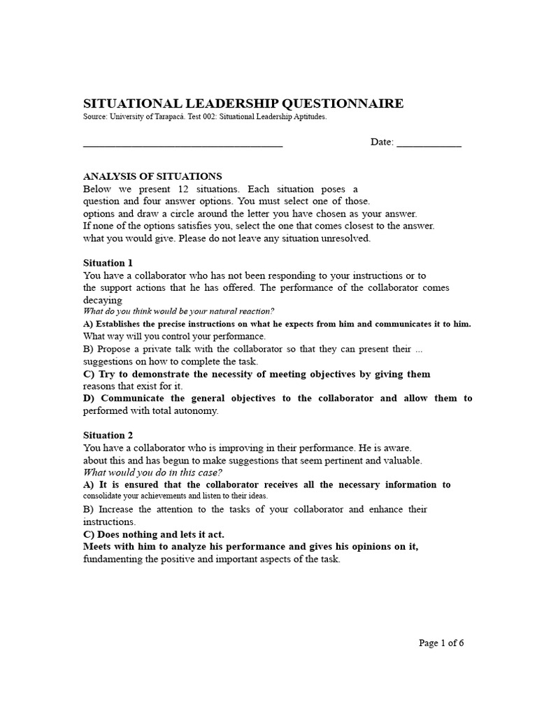 Situational Leadership Questionnaire | PDF | Methodology | Leadership