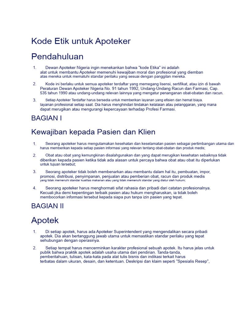 Kode Etik Untuk Apoteker | PDF
