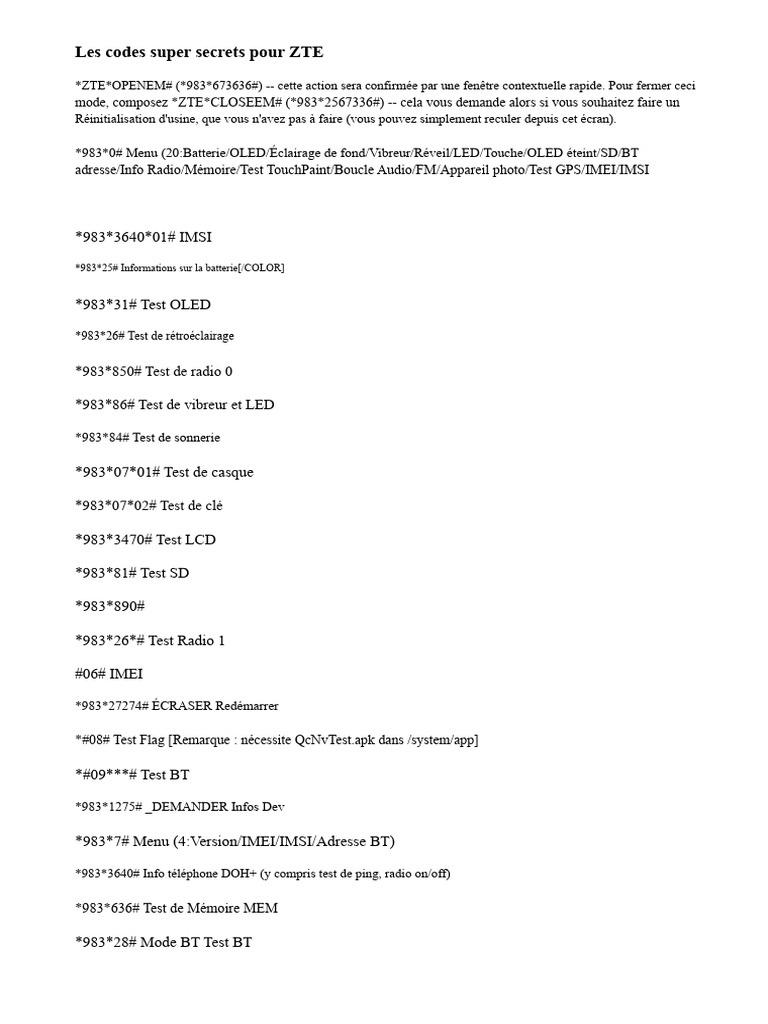 Codes secrets ZTE pour tests et infos | PDF | Informatique | Électronique
