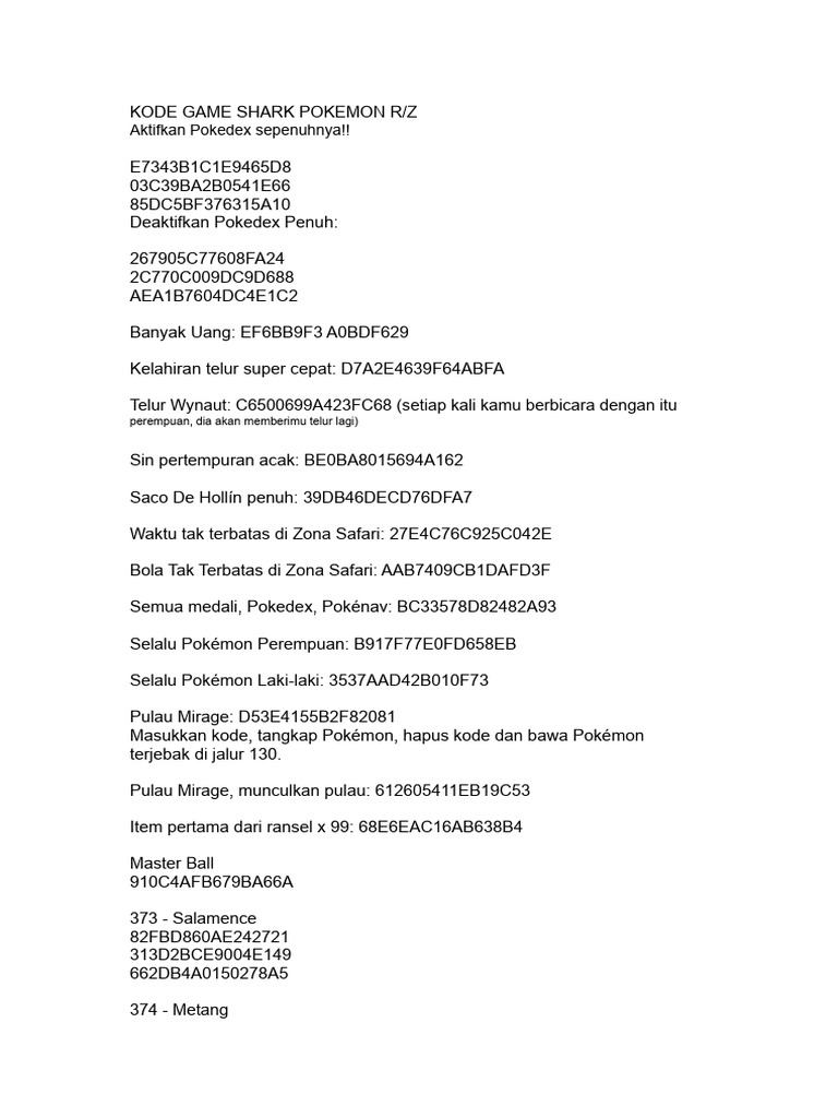 Kode Game Shark Pokemon R-Z | PDF | Sequel | Role Playing Video Games