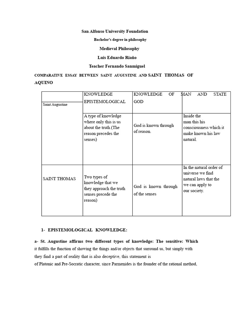 Comparative Essay Between Saint Augustine and Saint Thomas Aquinas 1 | PDF | Reason | Truth