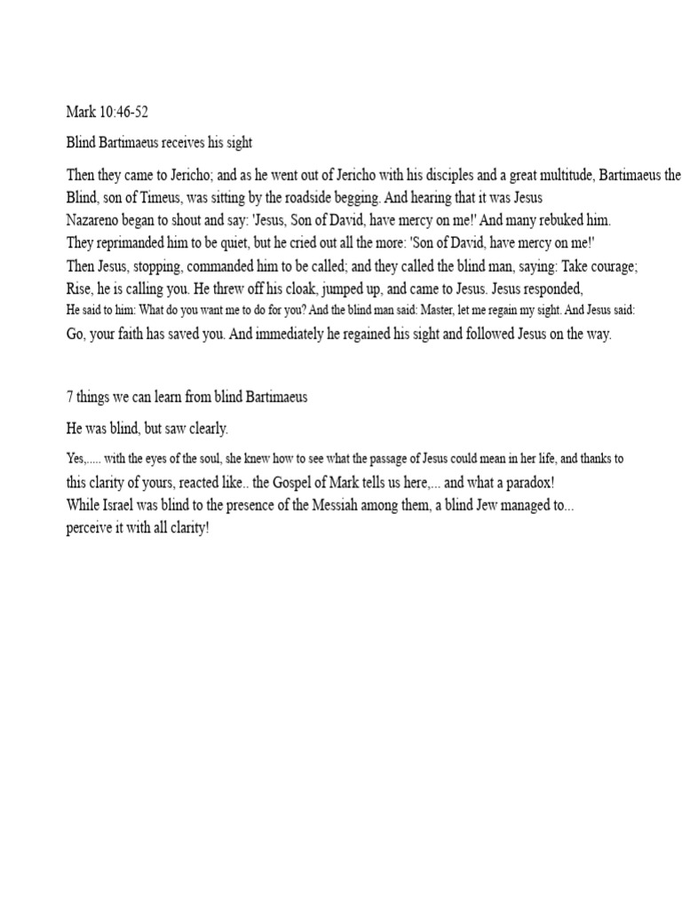 Blind Bartimaeus: Faith and Healing | PDF | Jesus