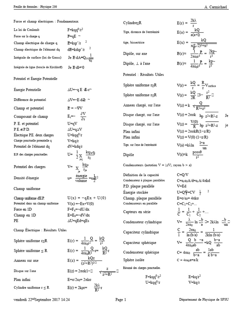 Formules Essentielles en Physique 230 | PDF | Champ électrique ...