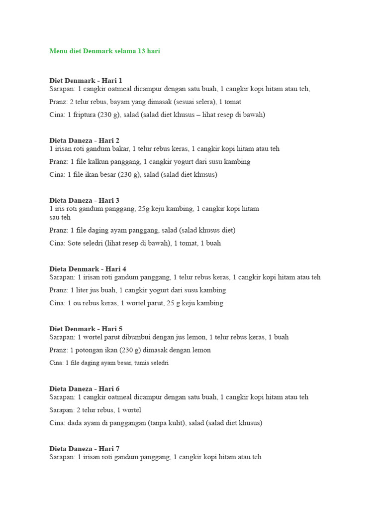 Menu Diet Denmark Selama 13 Hari | PDF