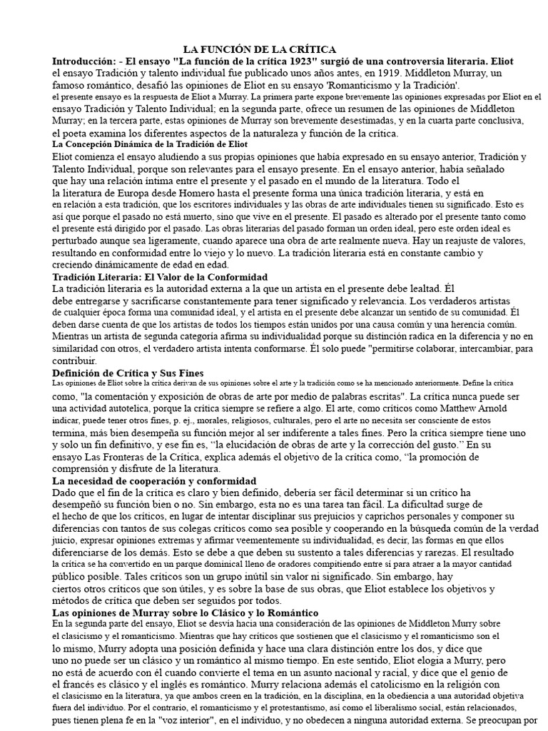 La Crítica Literaria según Eliot | PDF | TS Eliot | Ensayos