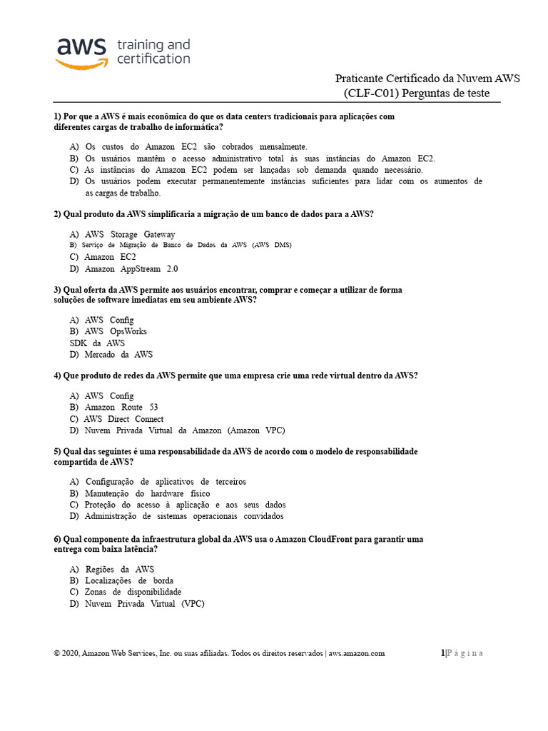 Perguntas de Amostra para o Certificado de Praticante em Nuvem AWS | PDF | Amazon Web Services ...
