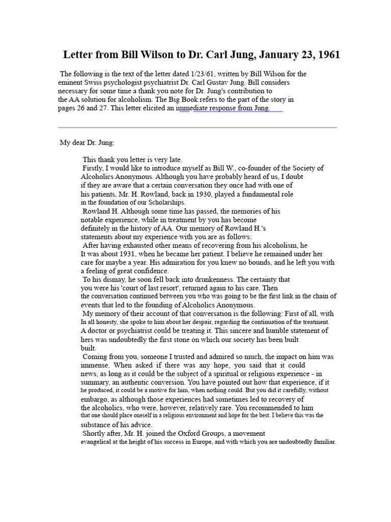 Wilson's Gratitude to Jung on AA's Roots | PDF | Alcoholics Anonymous ...