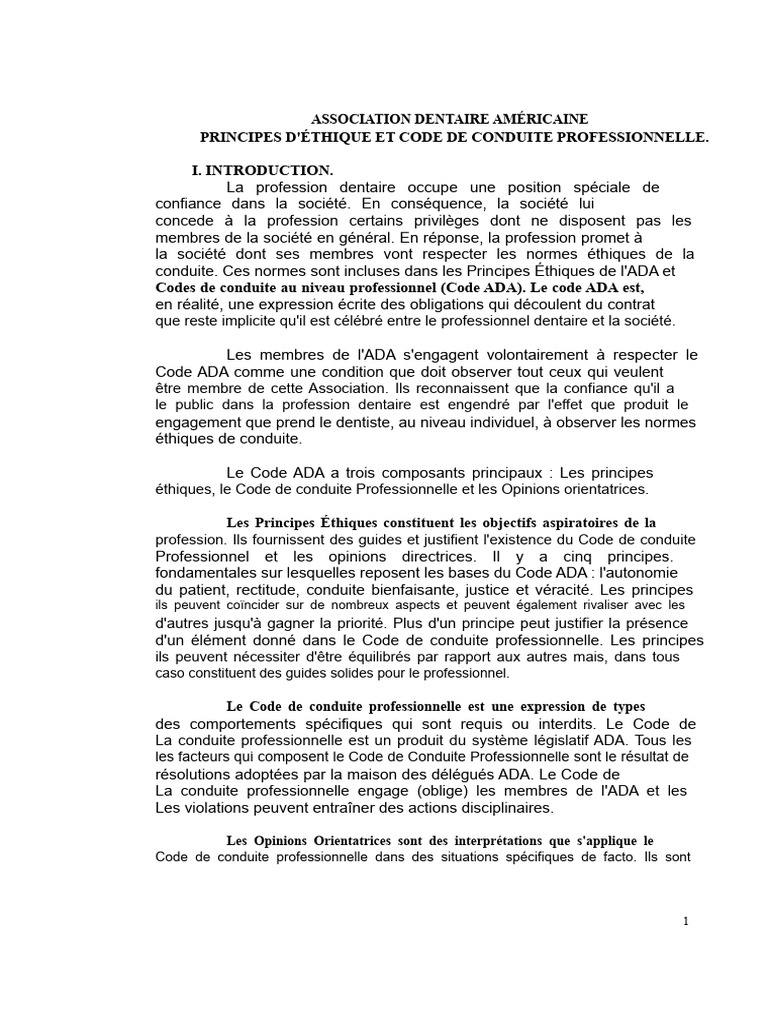 Code de Déontologie de l'ADA | PDF | Dentiste | Dentisterie