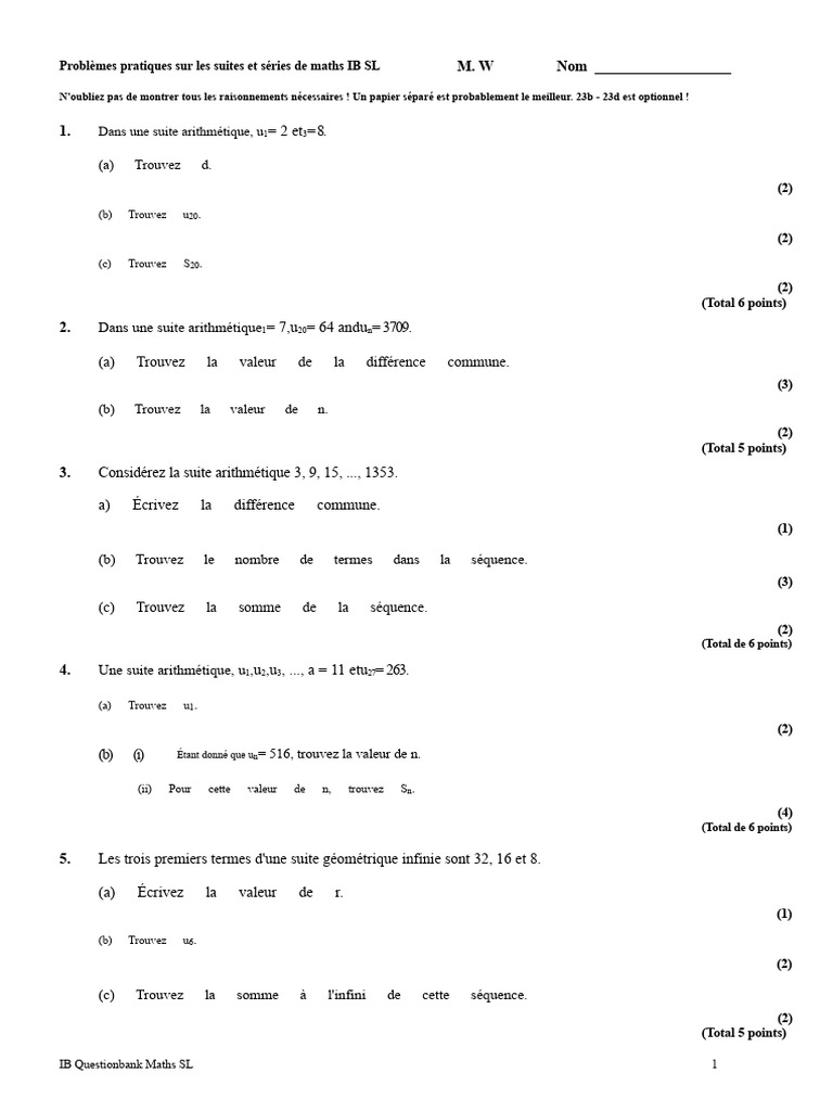 Problèmes sur suites et séries mathématiques IB SL | PDF ...