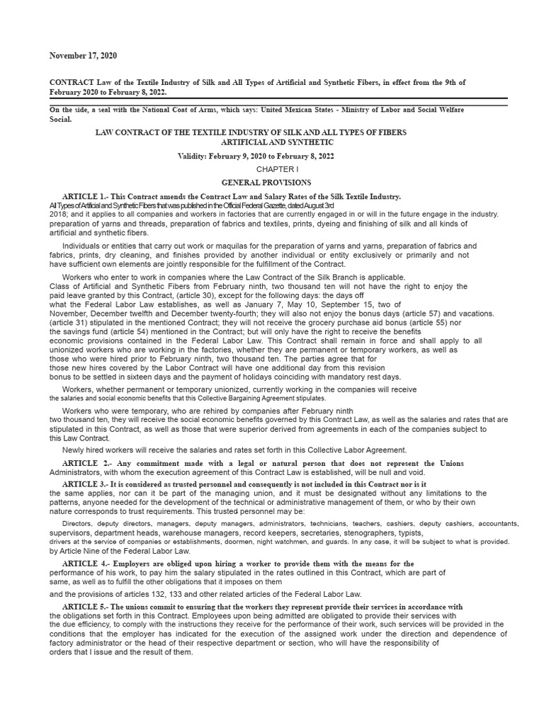 Textile Industry Contract Law Overview | PDF | Employment | Textiles