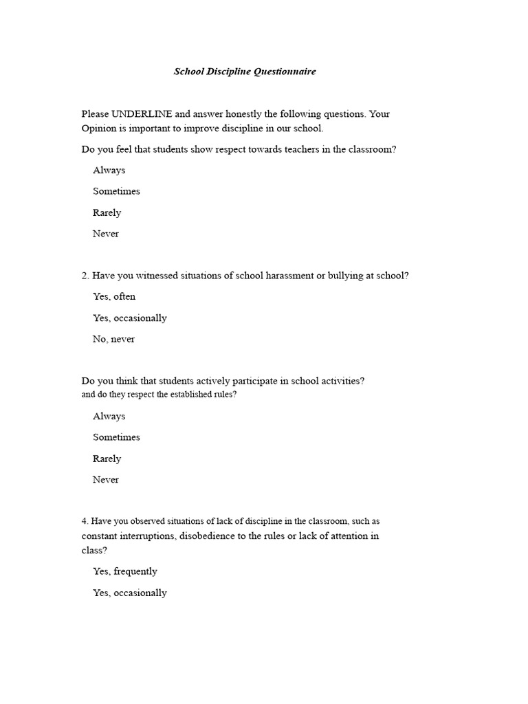TEST - Questionnaire On School Discipline | PDF