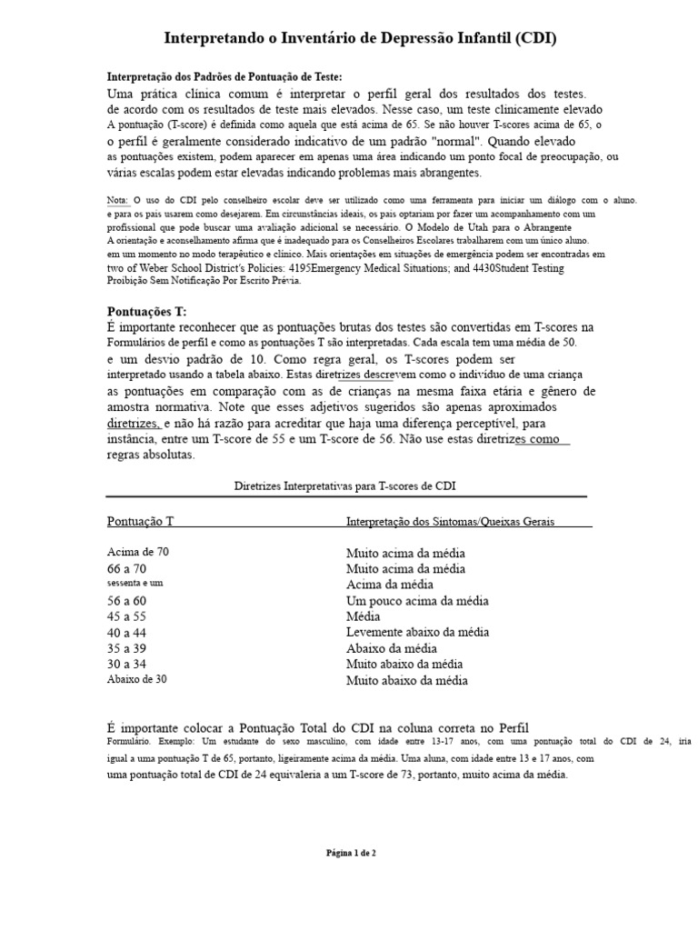 Interpretação Do Inventário de Depressão Infantil (CDI) | PDF ...
