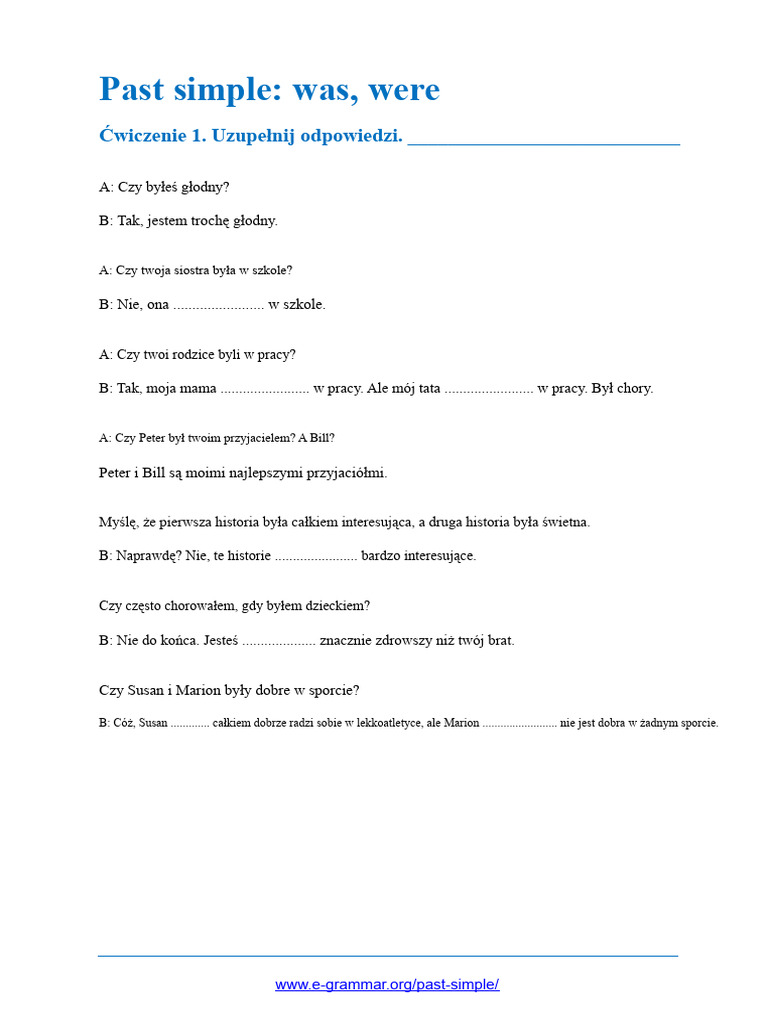 Ćwiczenia Z Czasem Past Simple (Was/Were) | PDF