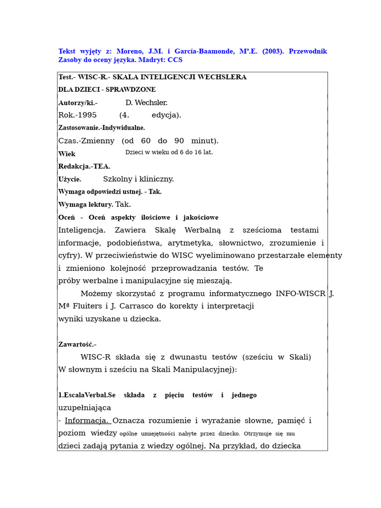 Test WISC-R (Skala Inteligencji Wechslera Dla Dzieci) | PDF