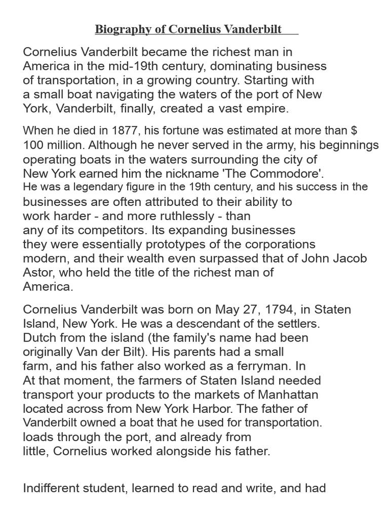 Biography of Cornelius Vanderbilt | PDF | Steamboat | Water Transport