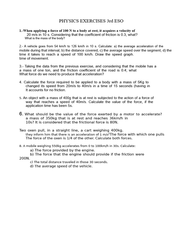 Physics Exercises 3rd Year of Secondary Education | PDF