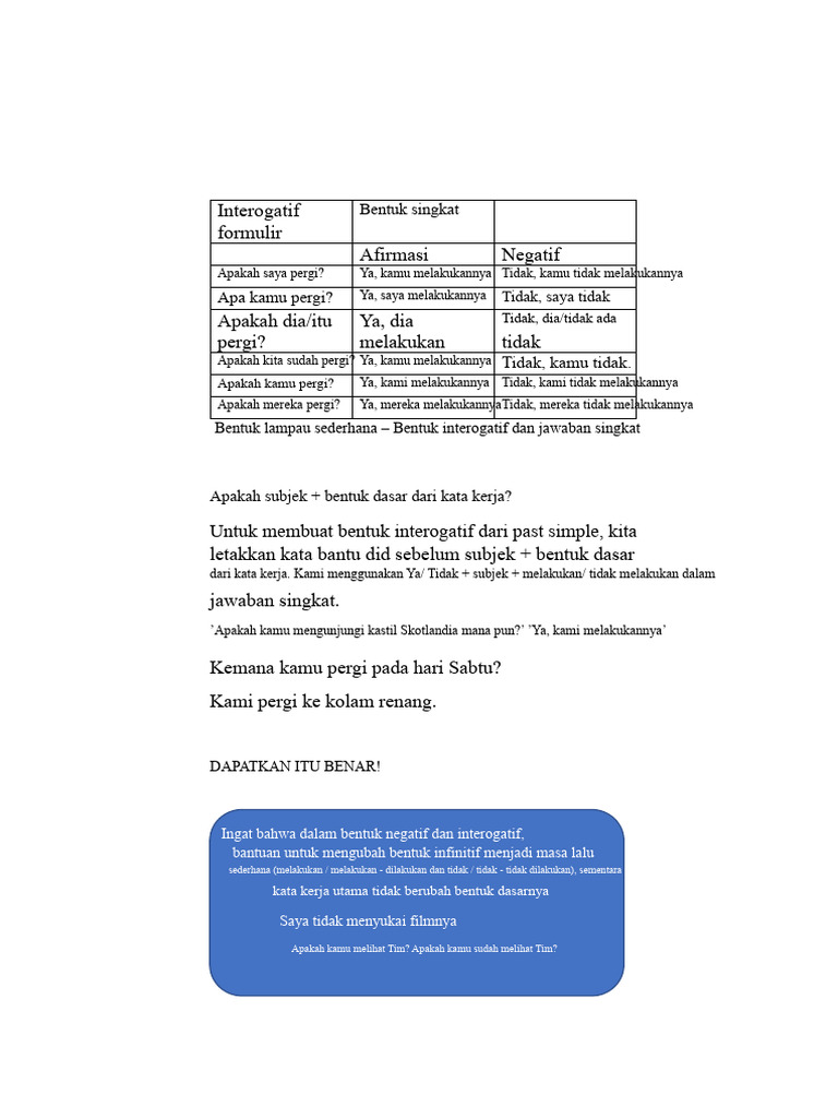 Bentuk Interogatif Past Simple Dan Jawaban Singkat | PDF