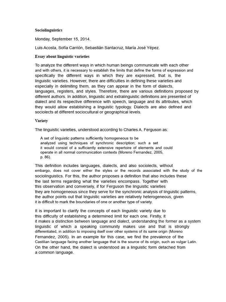 Essay About Linguistic Varieties | PDF | Dialect | Linguistics