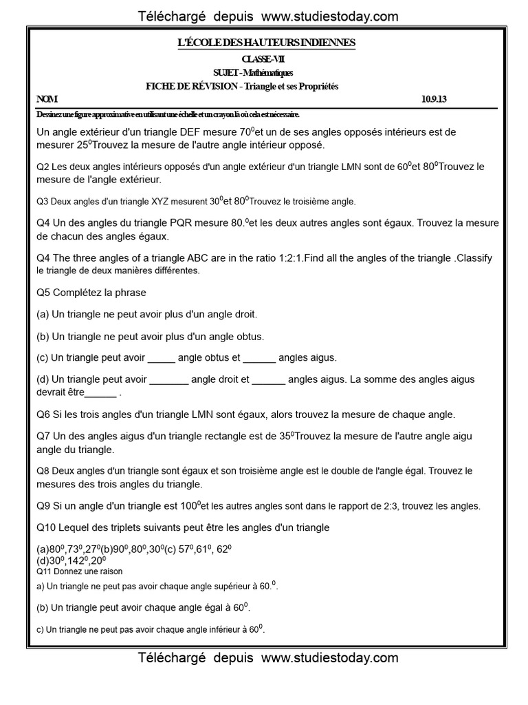Feuille de Travail de Mathématiques CBSE Classe 7 - Triangle Et Ses ...