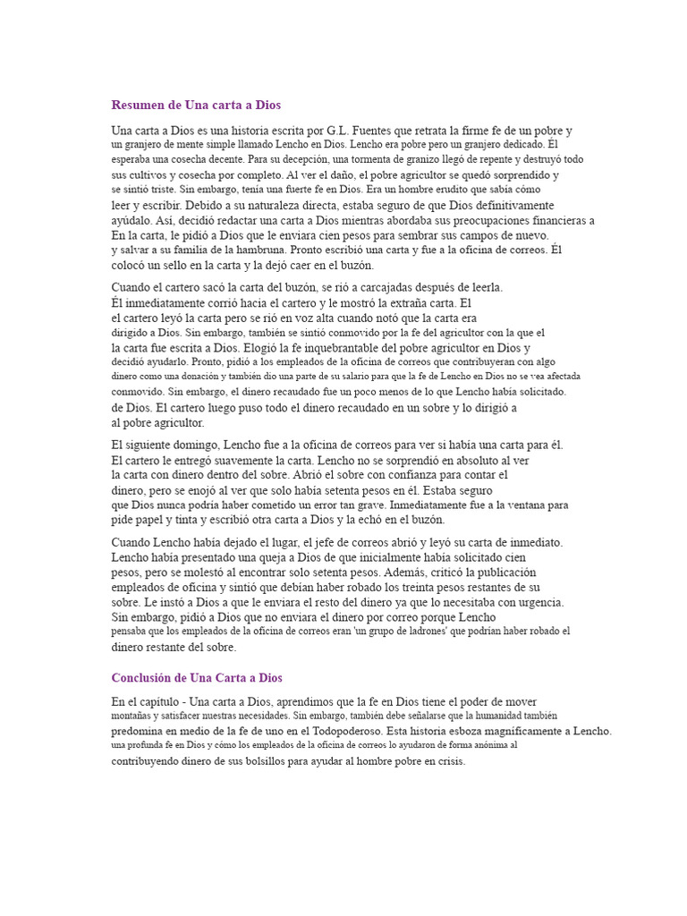 Resumen de "Una carta a Dios" | PDF | Té | Leopardo