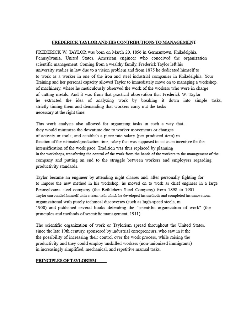 Taylor's Scientific Management Principles | PDF | Piece Work | Business