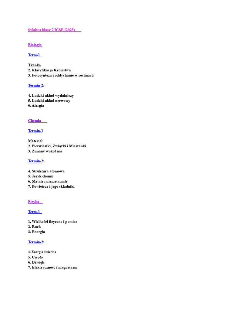 Program Nauczania Klasy 7 ICSE | PDF