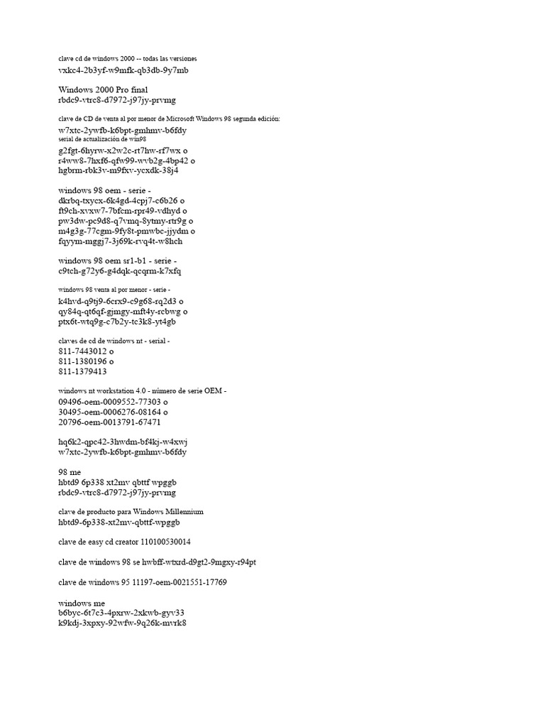 Códigos y Seriales de Windows 98 NT XP ME Vista 2000-2007 Claves de CD de Office | PDF | Windows ...