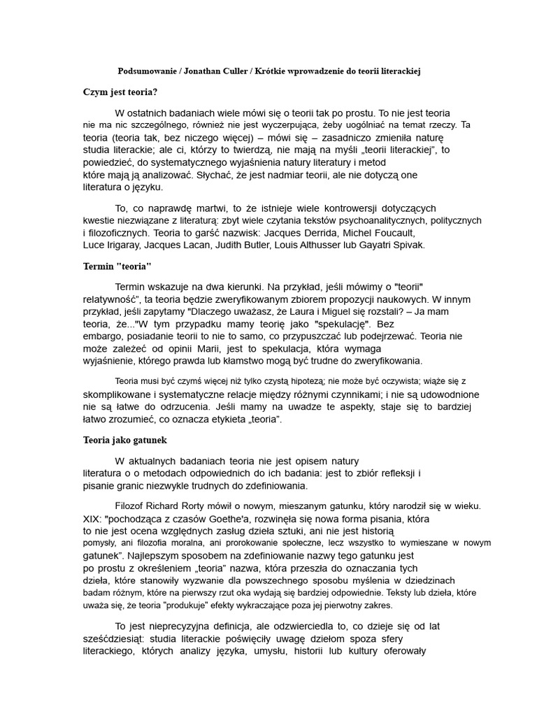 Streszczenie - Jonathan Culler - Krótkie Wprowadzenie Do Teorii ...