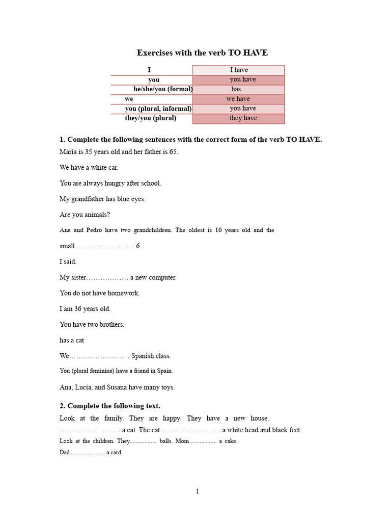 Exercises With The Verb TO HAVE | PDF