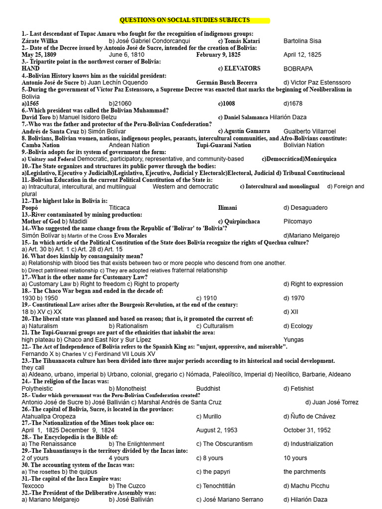 SOCIAL STUDIES EXAMS | PDF | Bolivia