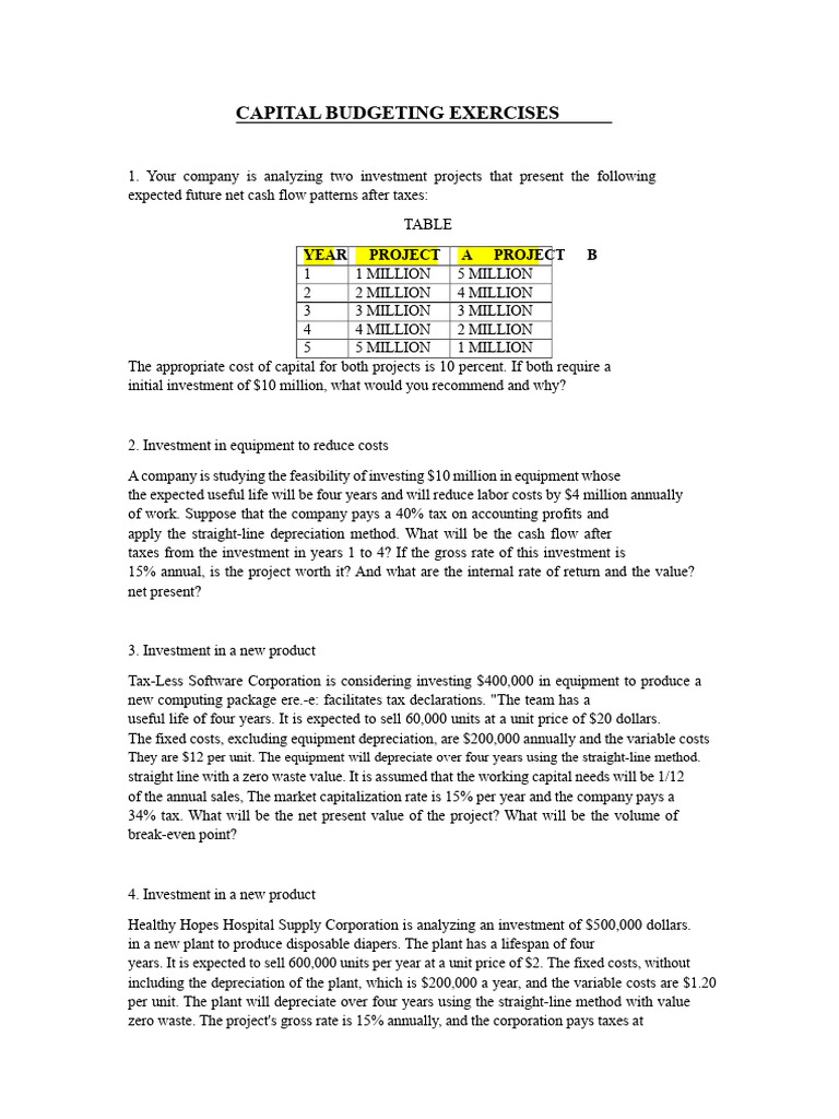 Capital Budgeting Exercises | PDF | Depreciation | Net Present Value