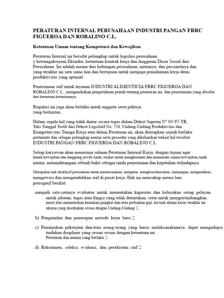 Peraturan Internal Perusahaan Industri Pangan | PDF