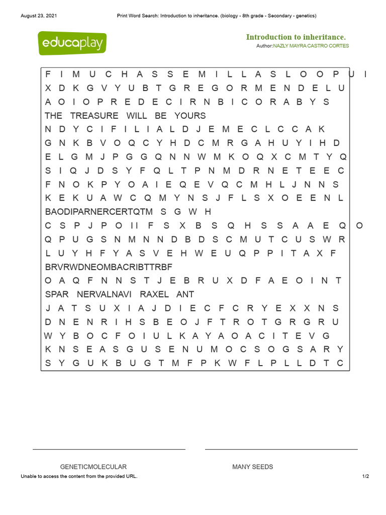 Print Word Search - Introduction To Inheritance. (Biology - 8th Grade ...