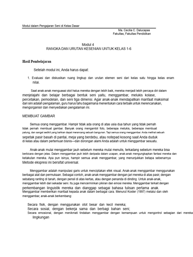 Modul 4bin Mengajar Seni Di Kelas SD | PDF