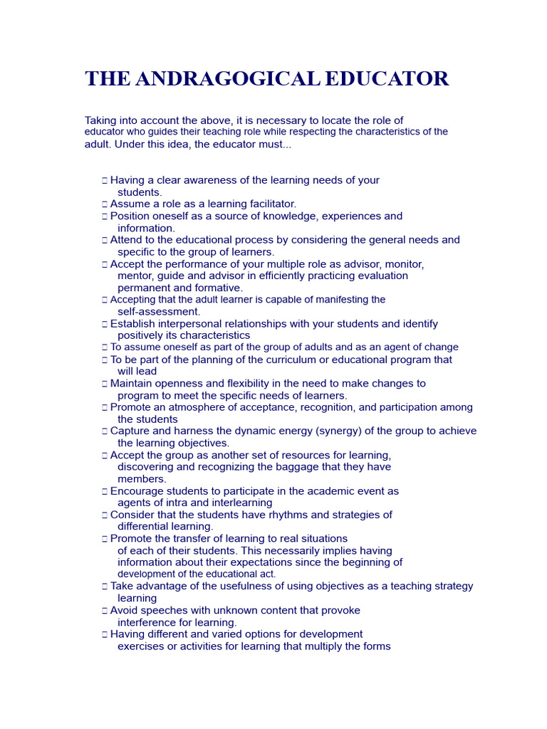 The Andragogical Educator | PDF | Learning | Psychology
