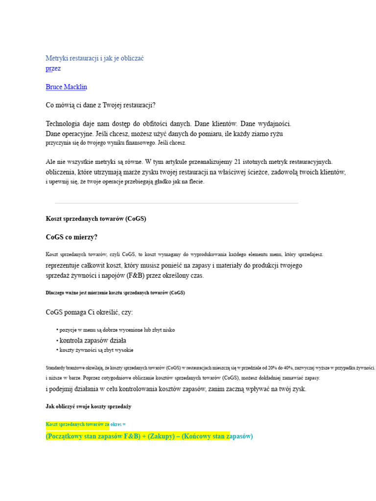VII. Metryki Restauracji I Jak Je Obliczać | PDF