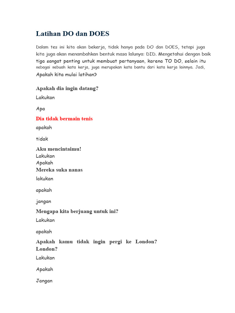 Latihan Penggunaan DO, DOES, dan DID | PDF