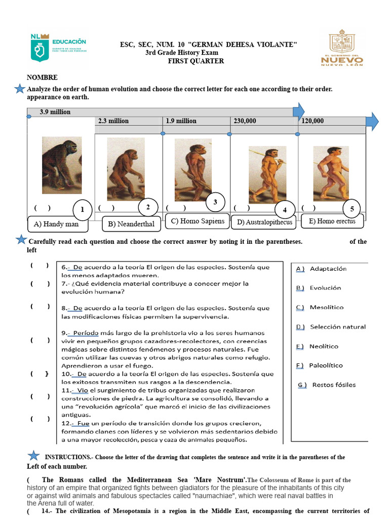 3rd Grade History Exam Overview | PDF | Homo | Europe