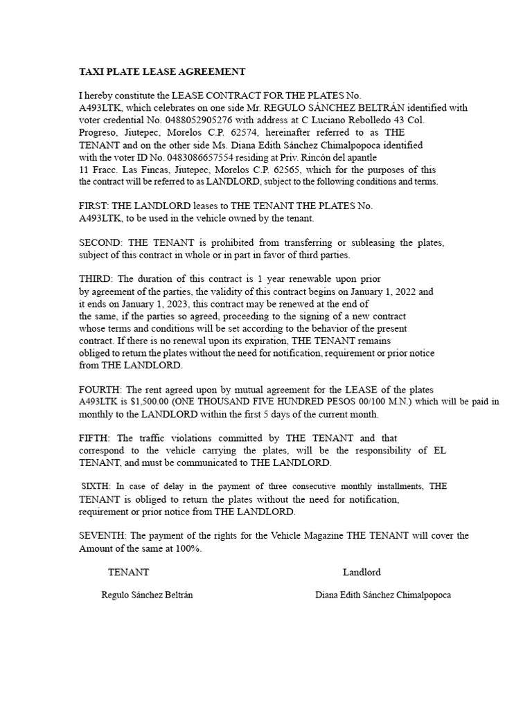 Taxi Plate Lease Agreement | PDF