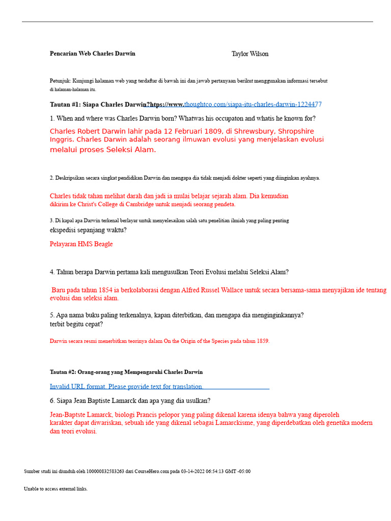 Charles Darwin Web Quest Jawaban | PDF