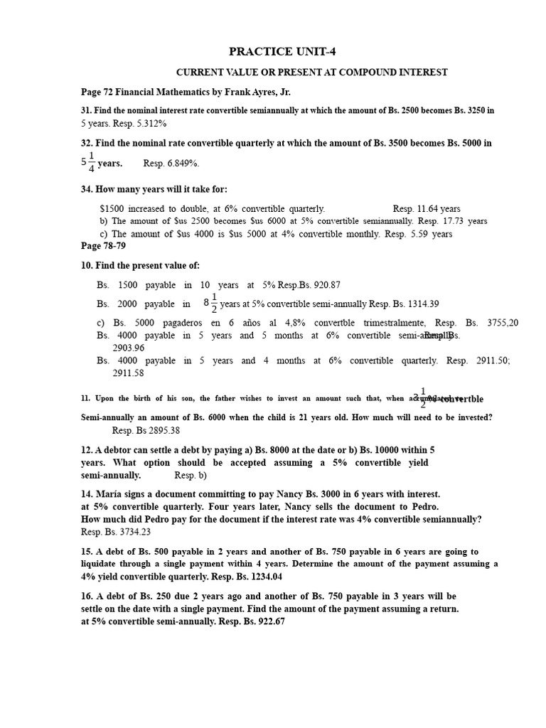 Practice Unit-4 Present Value, Interest Rate and Time of A Debt at Compound Interest | PDF ...
