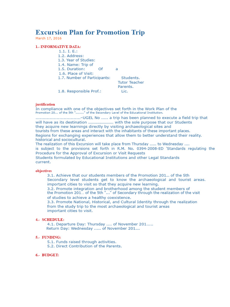 Excursion Plan For Graduation Trip | PDF | Teachers | Learning